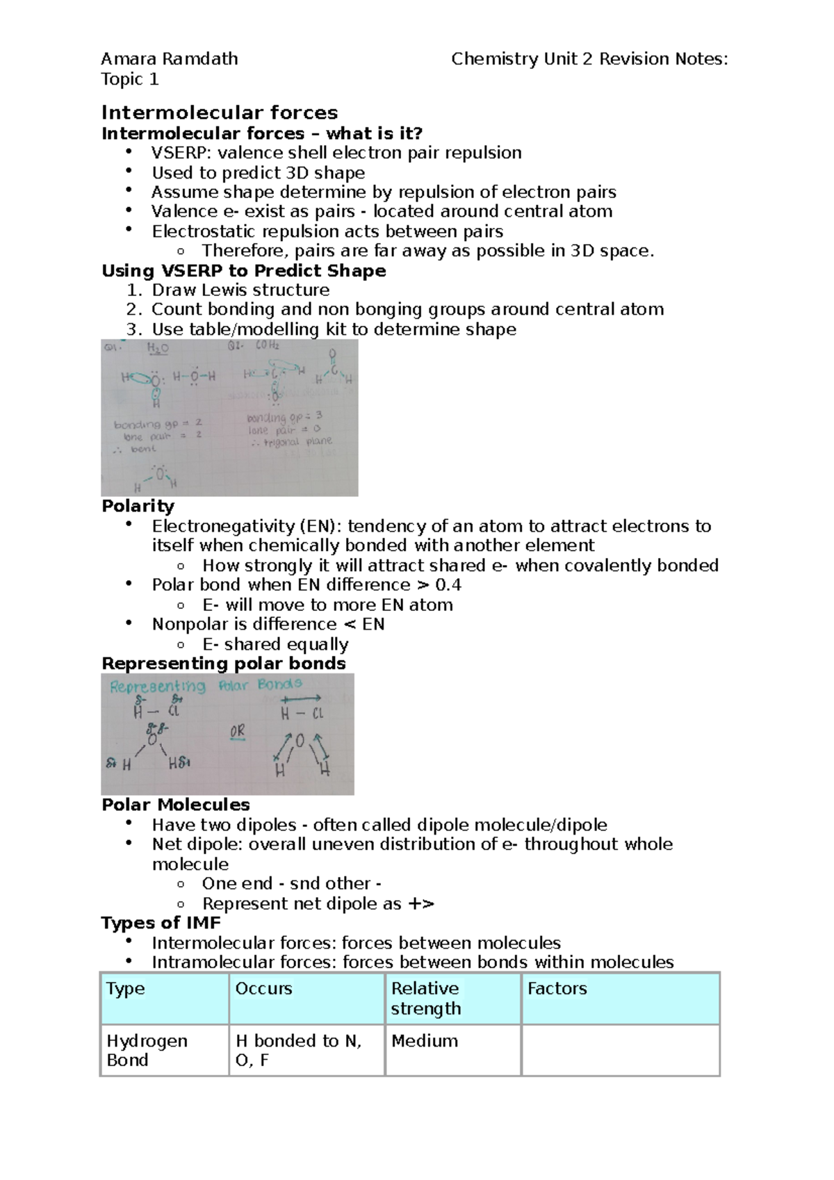 Chemistry Unit 2 Revision Notes - Topic 1 - Topic 1 Intermolecular ...