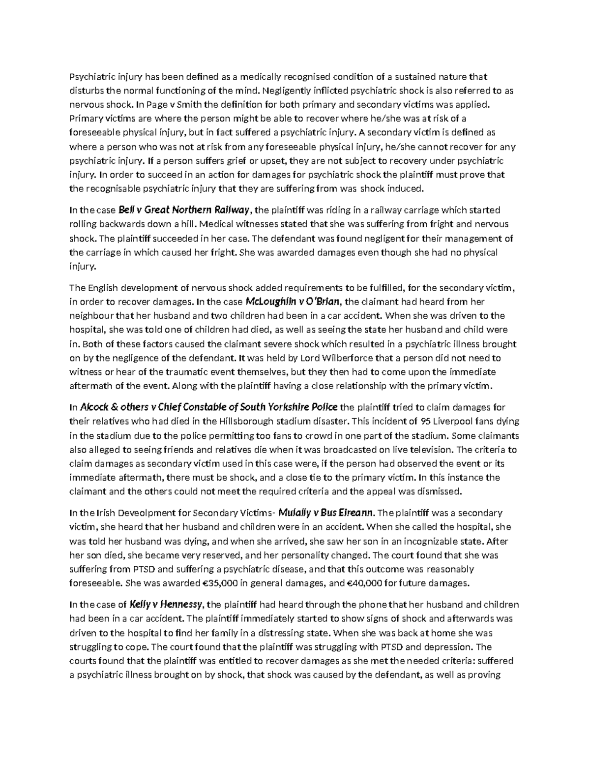 Nervous Shock - summary - Psychiatric injury has been defined as a ...