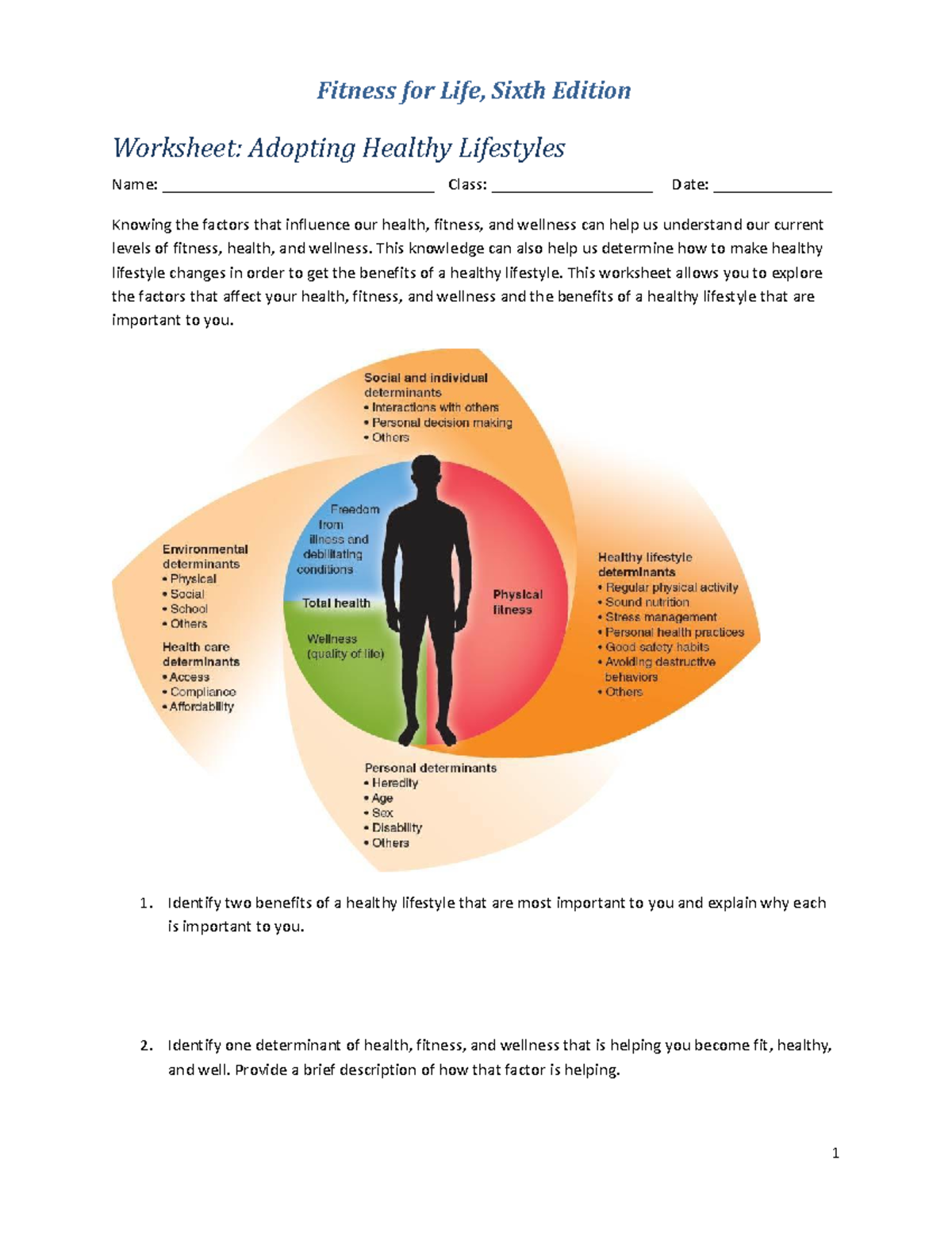 Adopt Healthy Lifestyles - Fitness for Life, Sixth Edition Worksheet ...