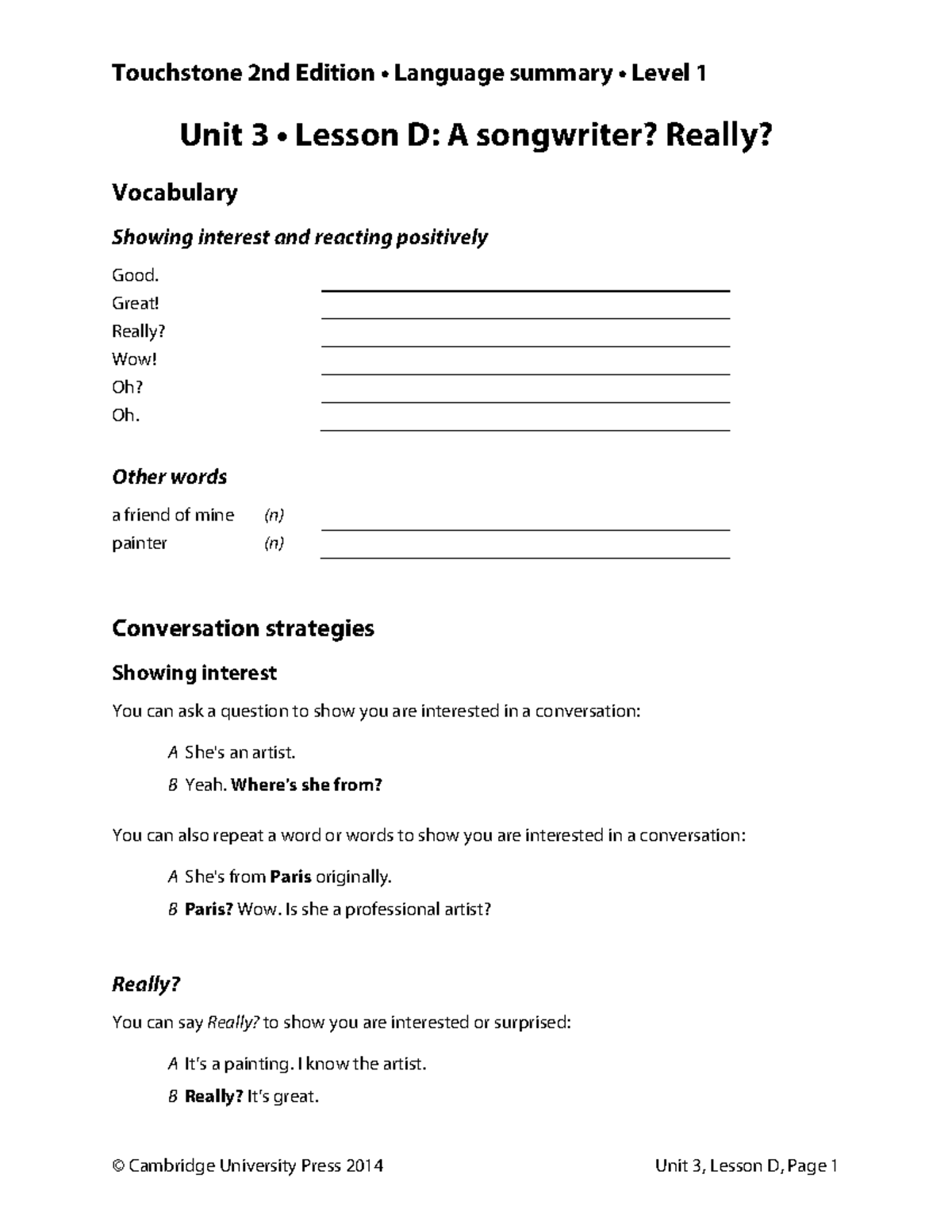 TS2e L1 U3 LD Langsum - nggggggggggggg nnnnnnnn - Touchstone 2nd Edition • Language summary ...