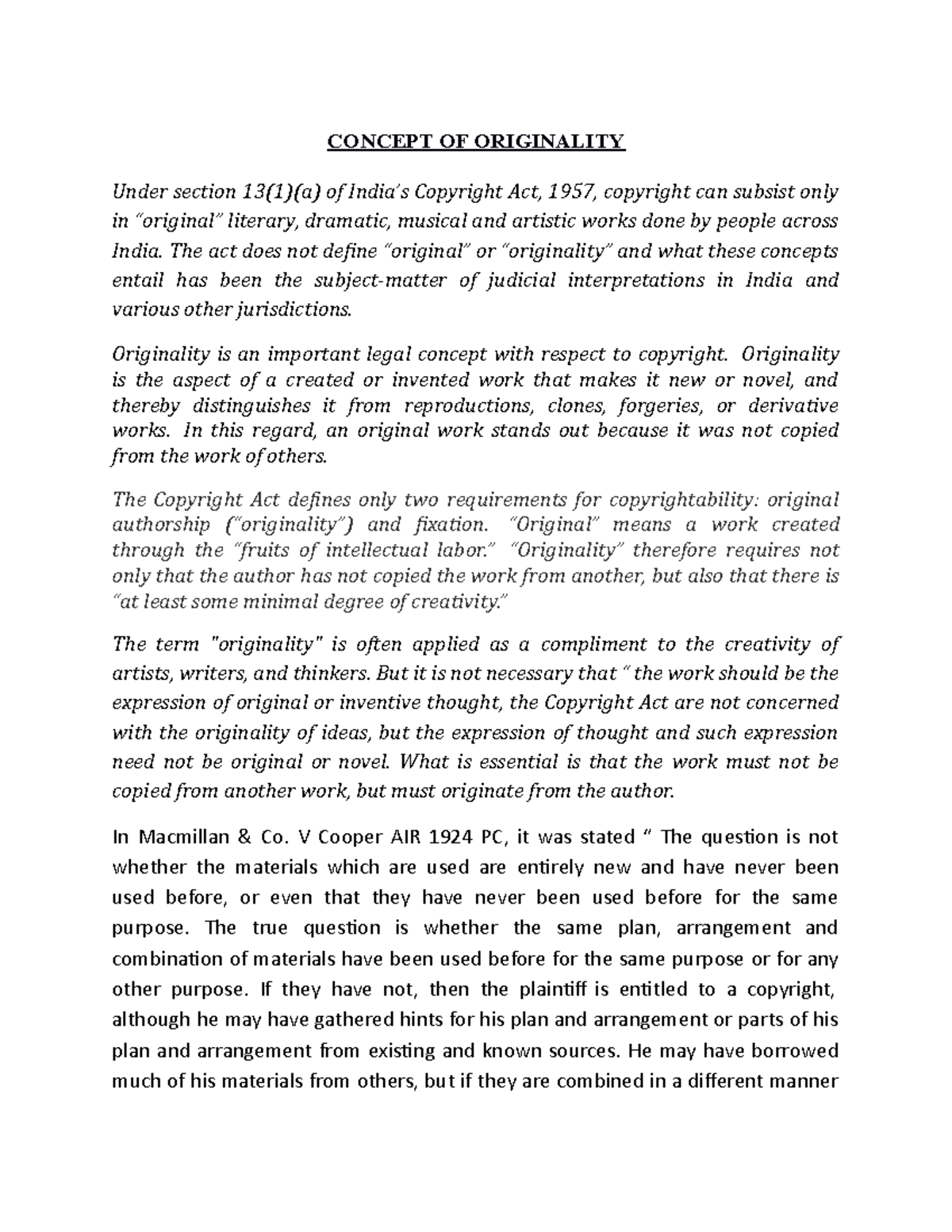 Concept OF Originality - CONCEPT OF ORIGINALITY Under section 13(1)(a ...