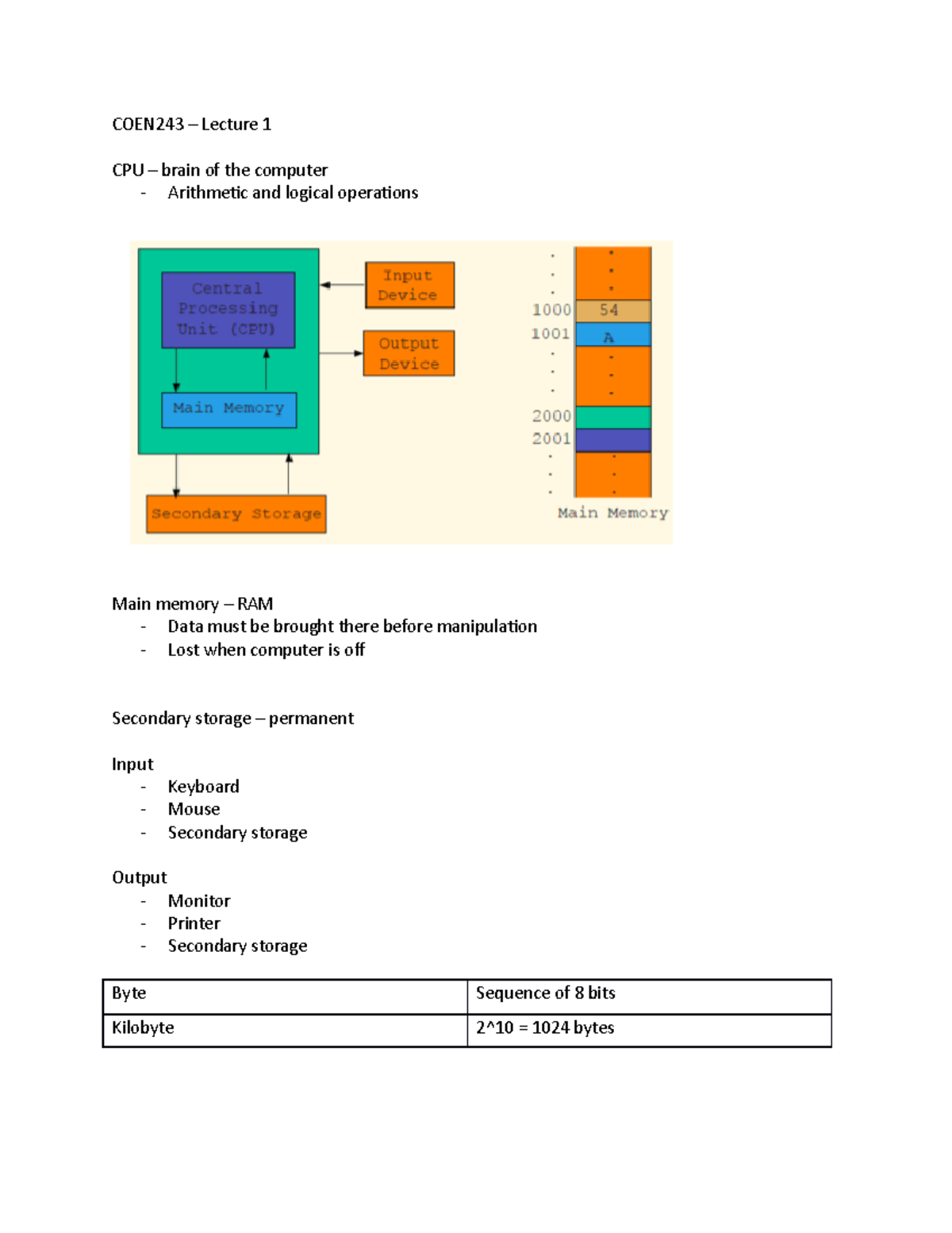 COEN243 - Lecture 1 summary - COEN243 – Lecture 1 CPU – brain of the ...