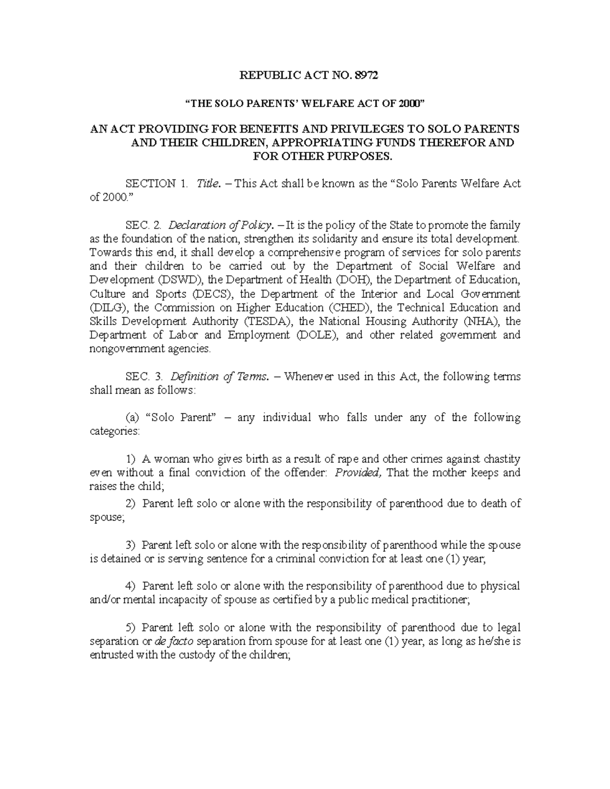 SOLO Parent - THANKS - REPUBLIC ACT NO. 8972 “THE SOLO PARENTS’ WELFARE ...