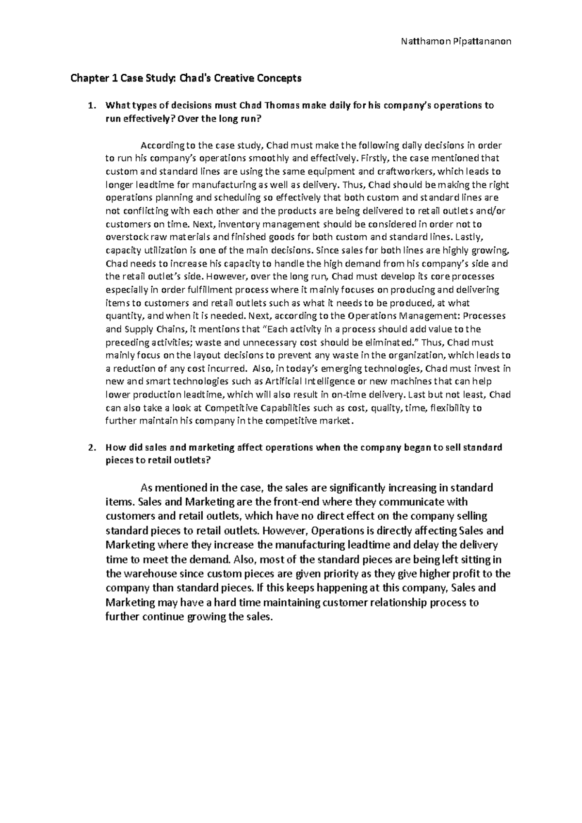 Chapter 1 Case Study- Chad's Creative Concepts - Natthamon Pipattananon Chapter 1 Case Study ...