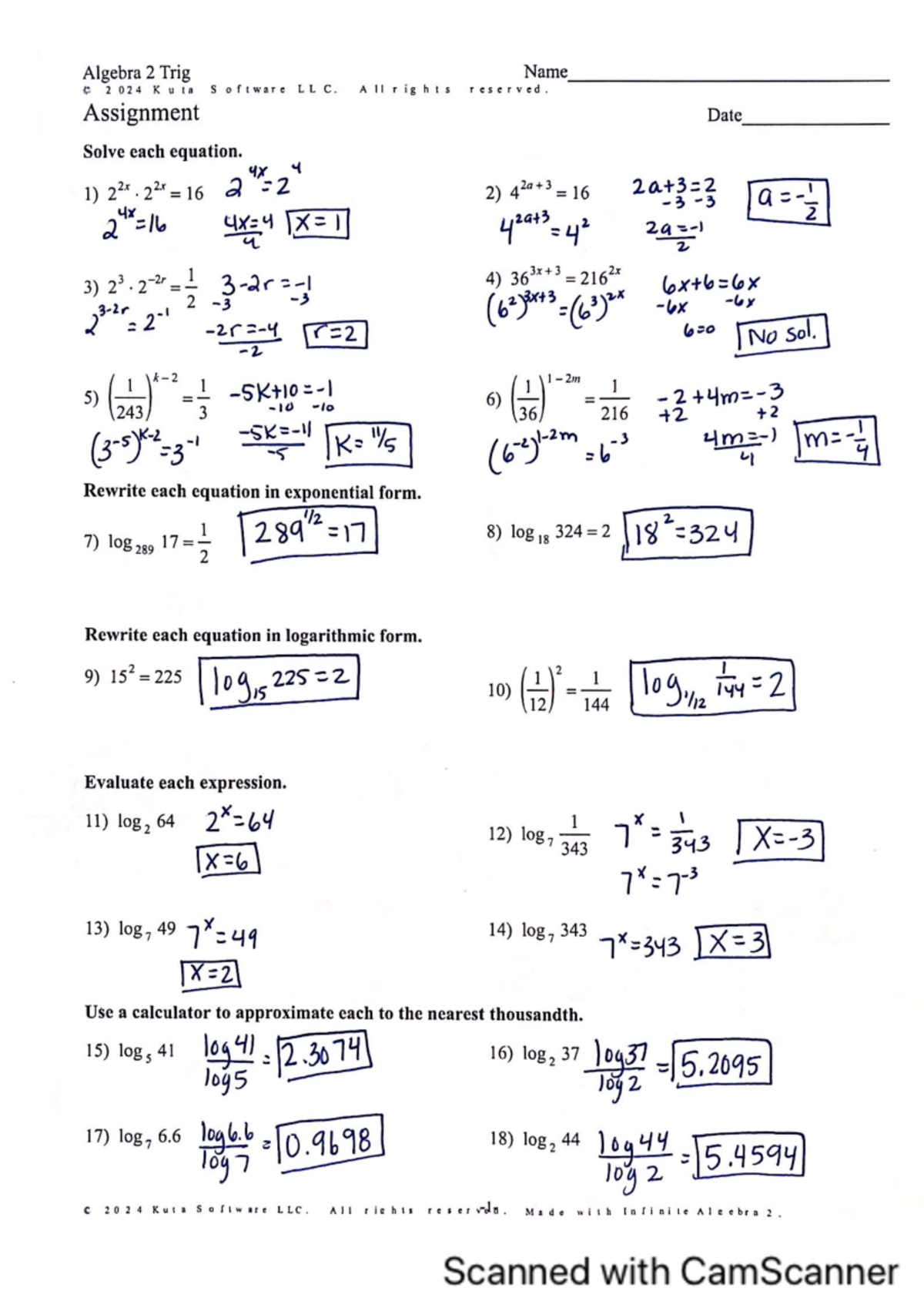 Logarithm Review HW Answers - Studocu