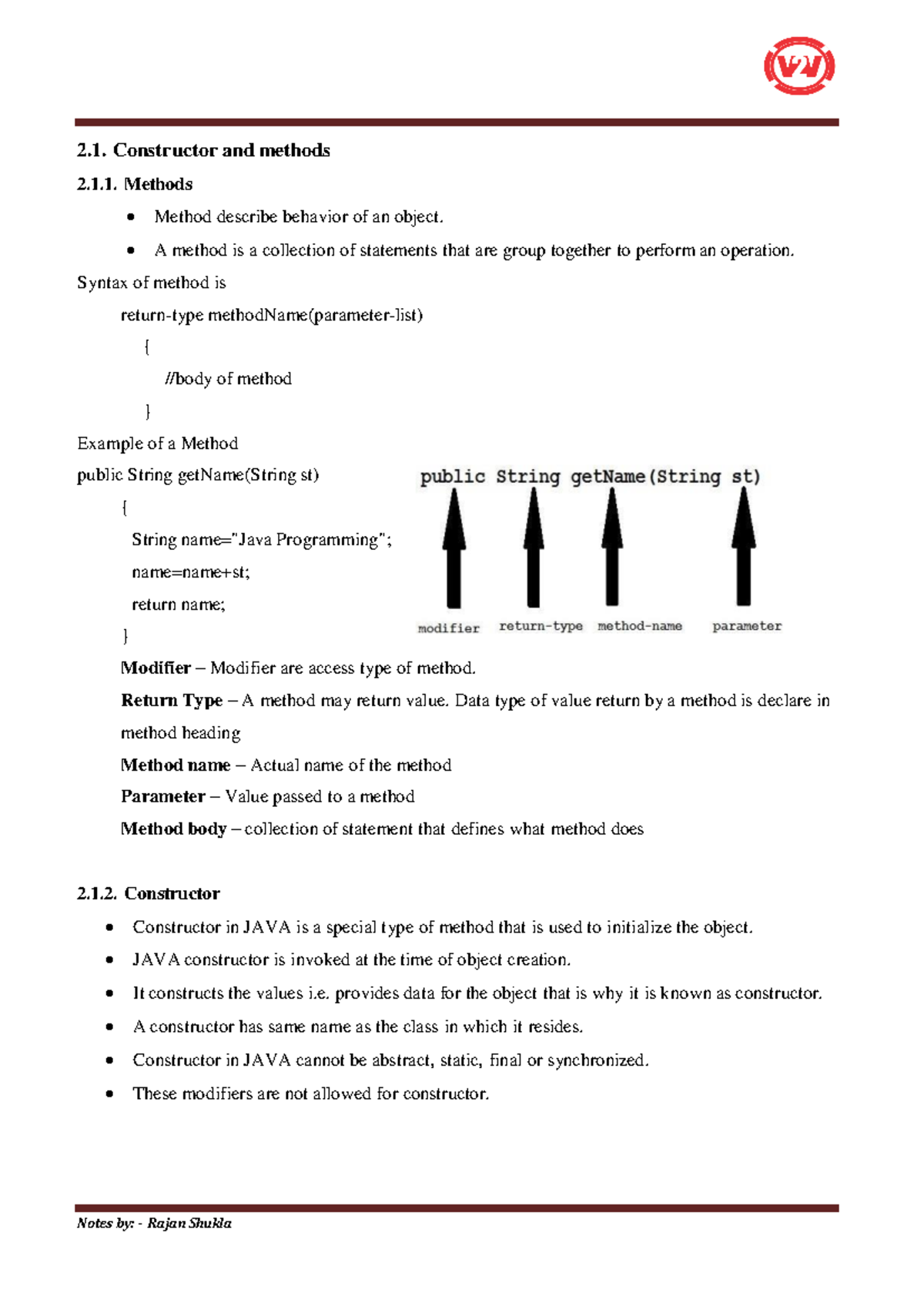 220245- Msbte-22412-Java(Unit 2) - 2. Constructor and methods 2.1. Methods Method describe - Studocu