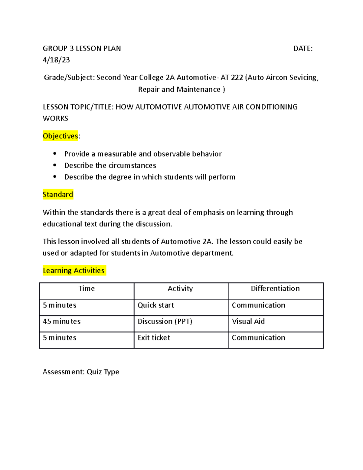 Group 3 Lesson-WPS Office - GROUP 3 LESSON PLAN DATE: 4/18/ Grade ...