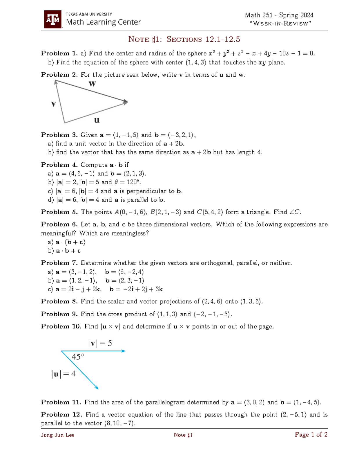 24A WIR M251 H1 - Math 251 - Spring 2024 “Week-in-Review” Note ♯1 ...