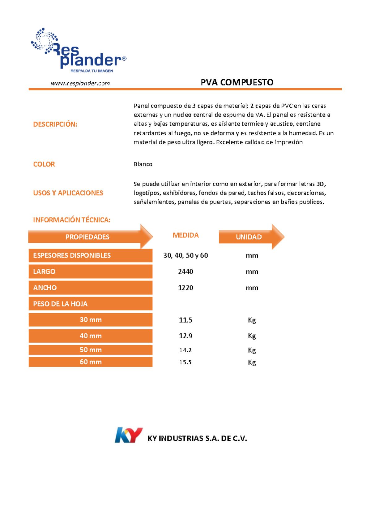 Panel PVA - resplander DESCRIPCIÓN: COLOR USOS Y APLICACIONES ...