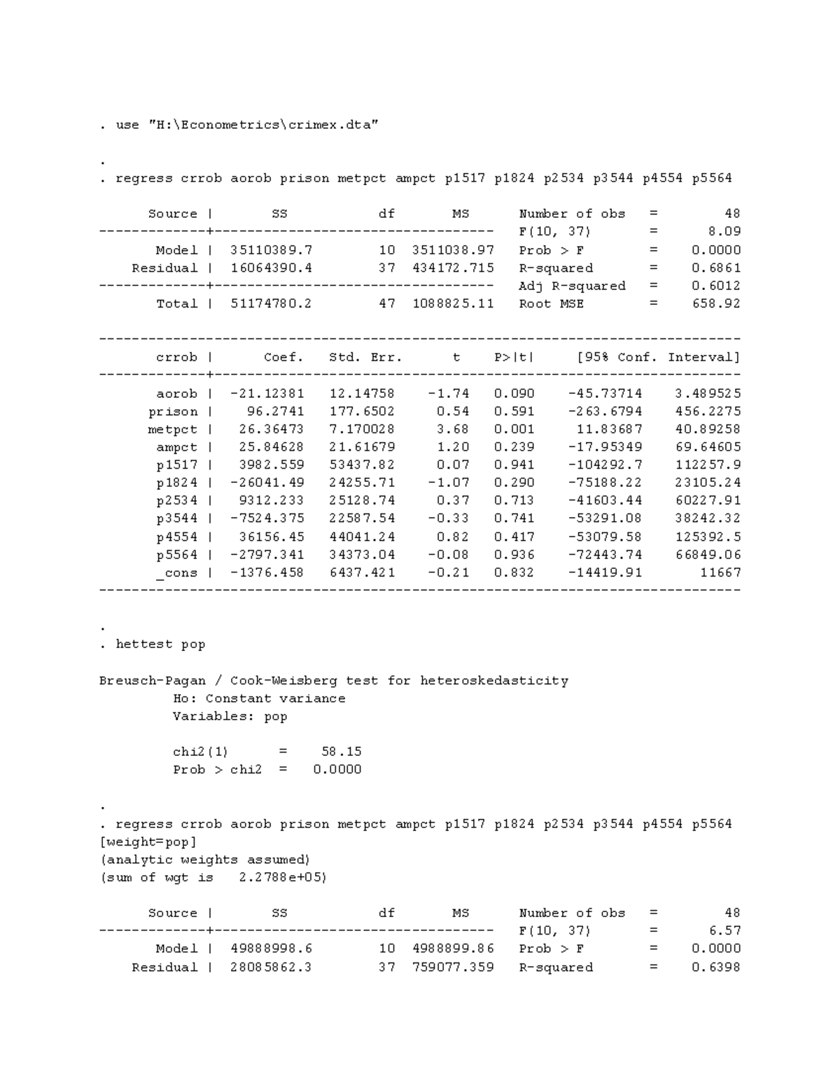 Assignment 4 - This is an study guide - . use "H:\Econometrics\crimex ...