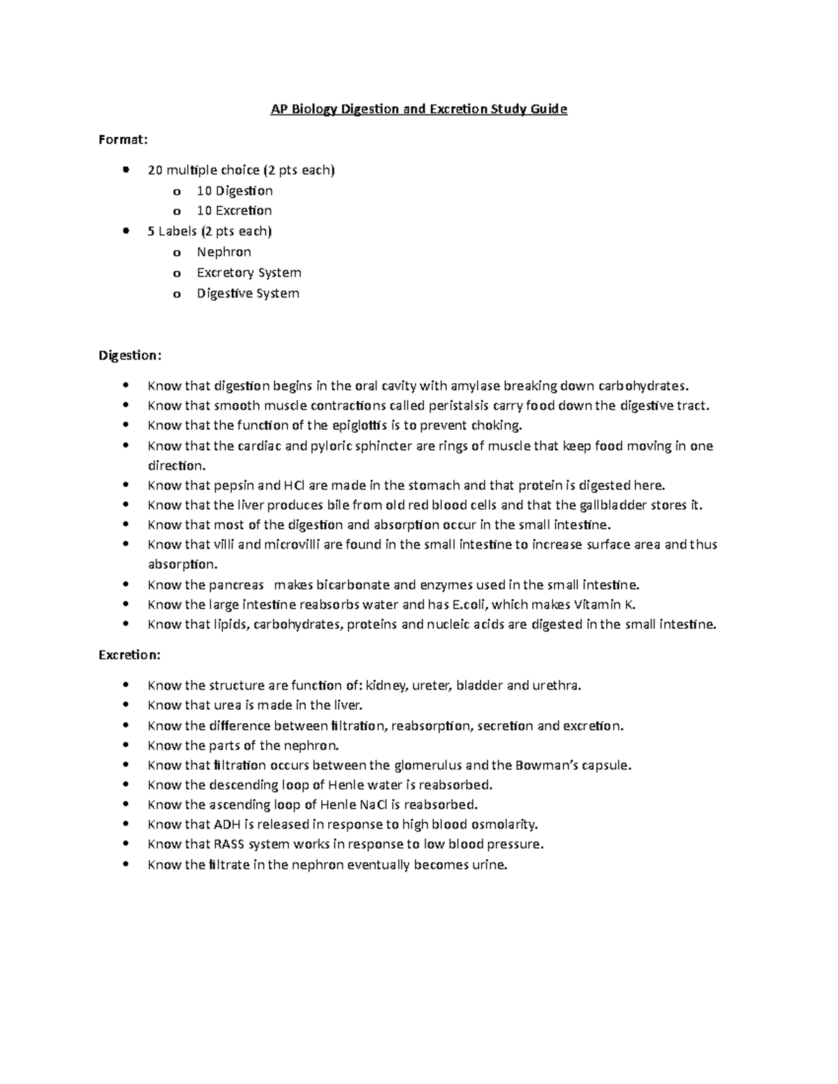 AP Biology Digestion and Excretion Study Guide - AP Biology Digestion ...