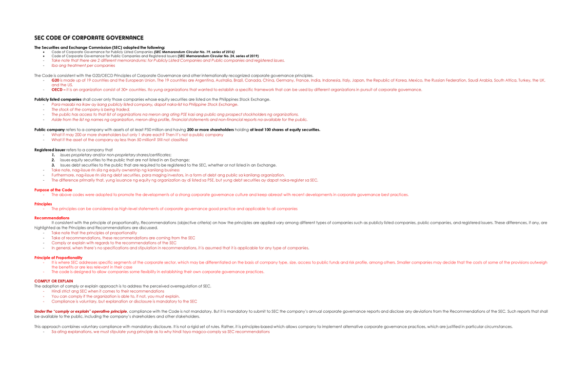 SEC CODE OF Corporate Governance PART 1 and 2 - The Securities and ...