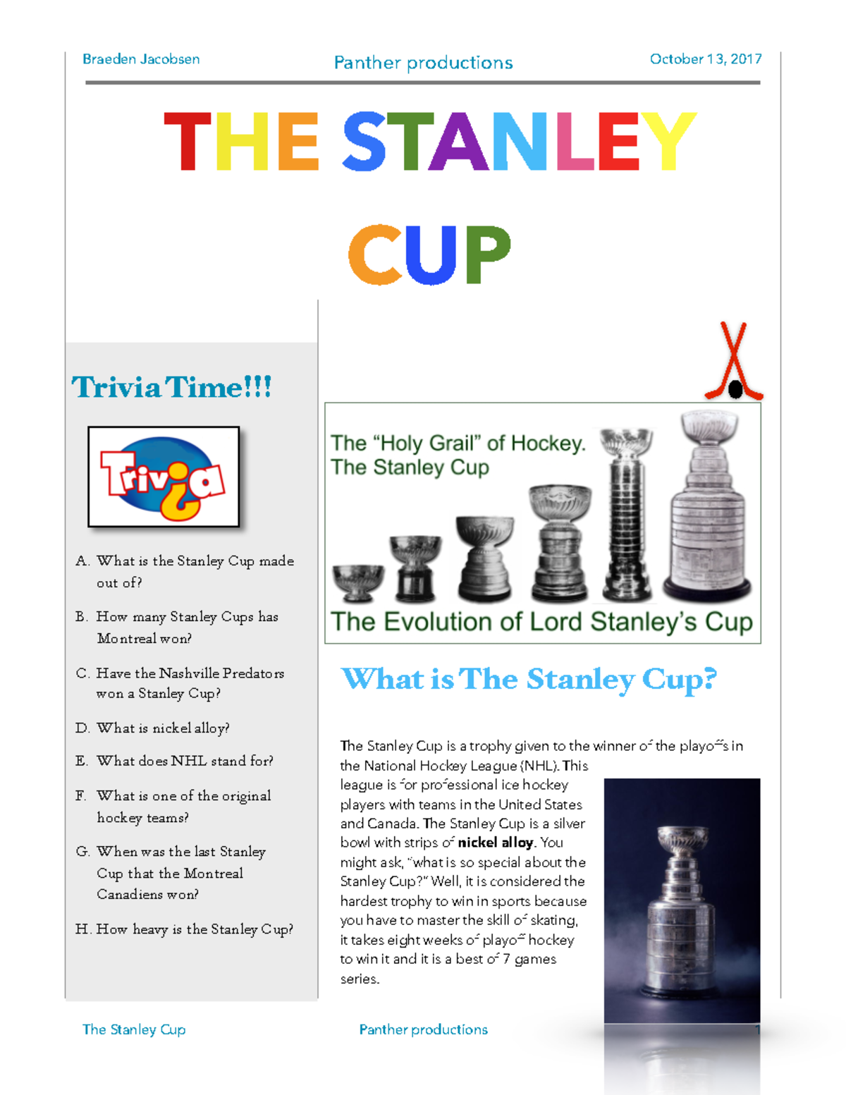 The Stanley Cup description magazine - Braeden Jacobsen Panther ...