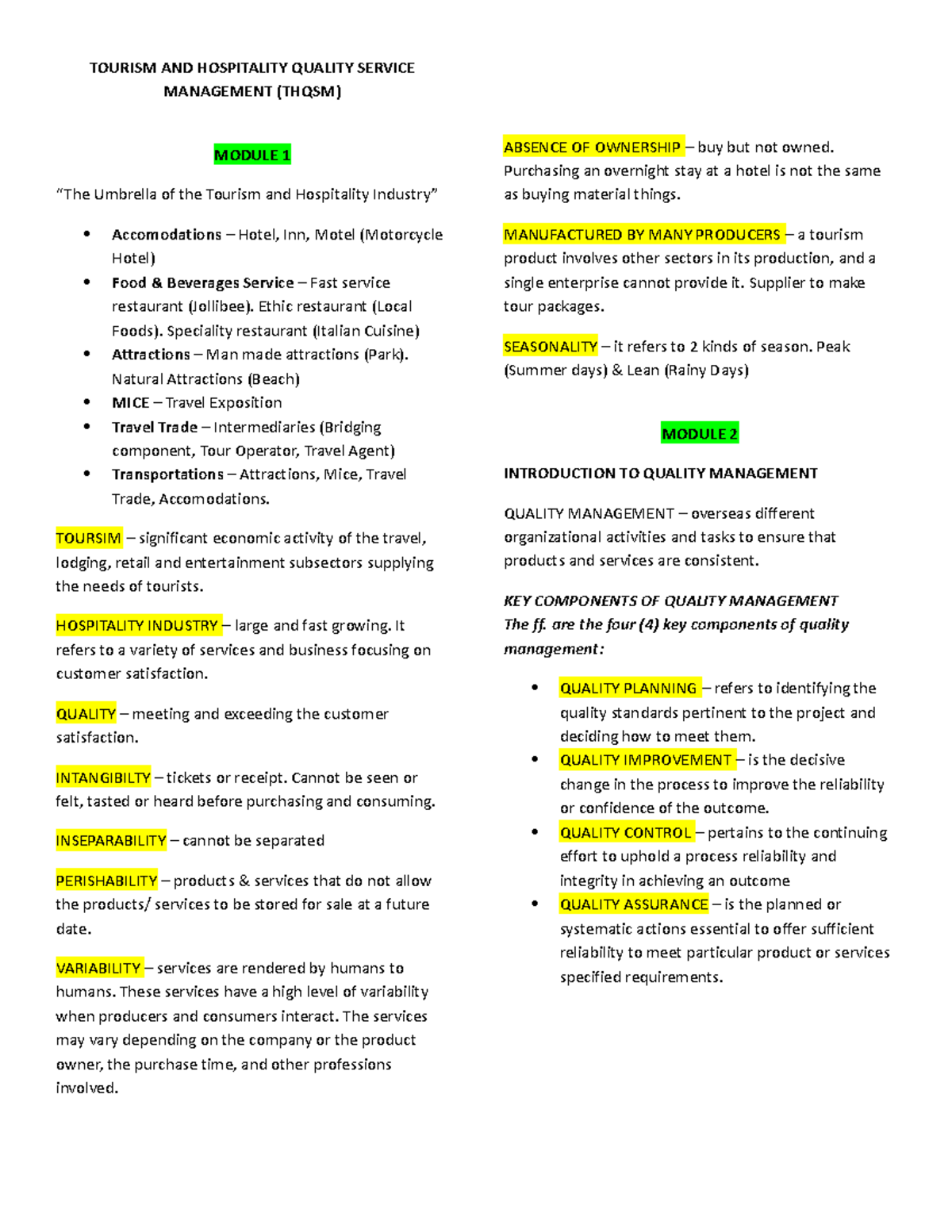 TQM Module 1 2 3 4 - Aaaa - TOURISM AND HOSPITALITY QUALITY SERVICE ...