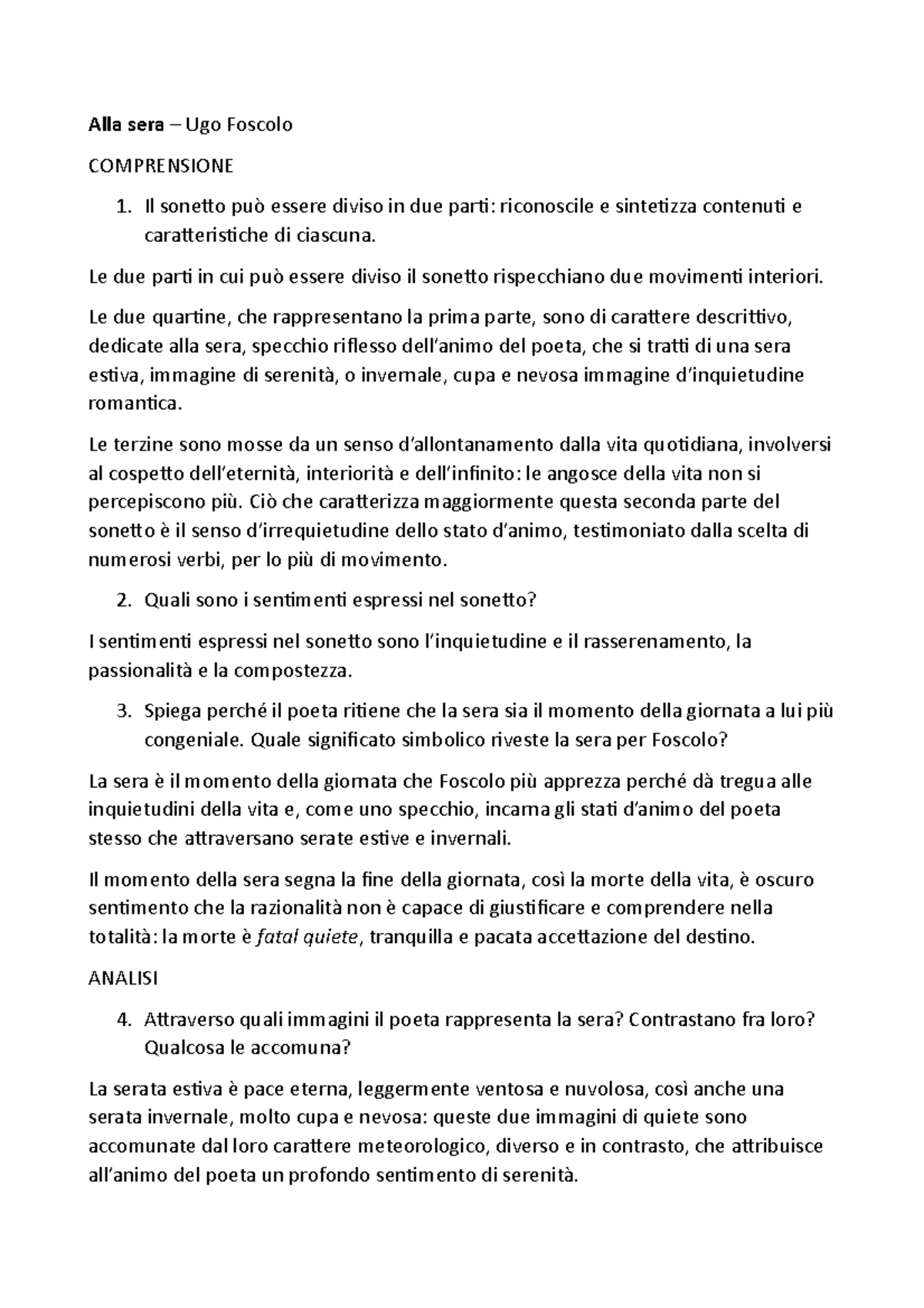 Alla sera Analisi - Alla sera – Ugo Foscolo COMPRENSIONE Il sonetto può ...