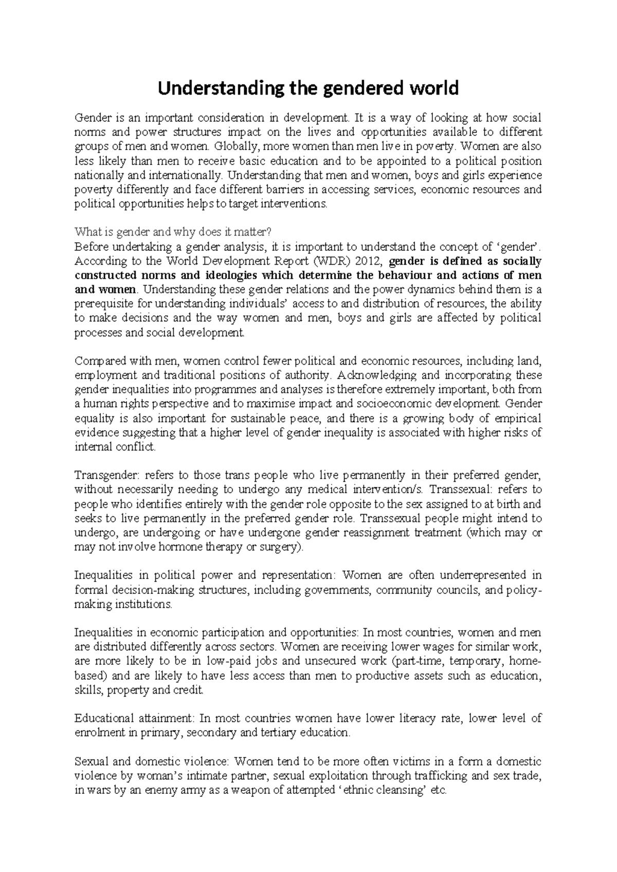 Understanding the gendered world - It is a way of looking at how social ...