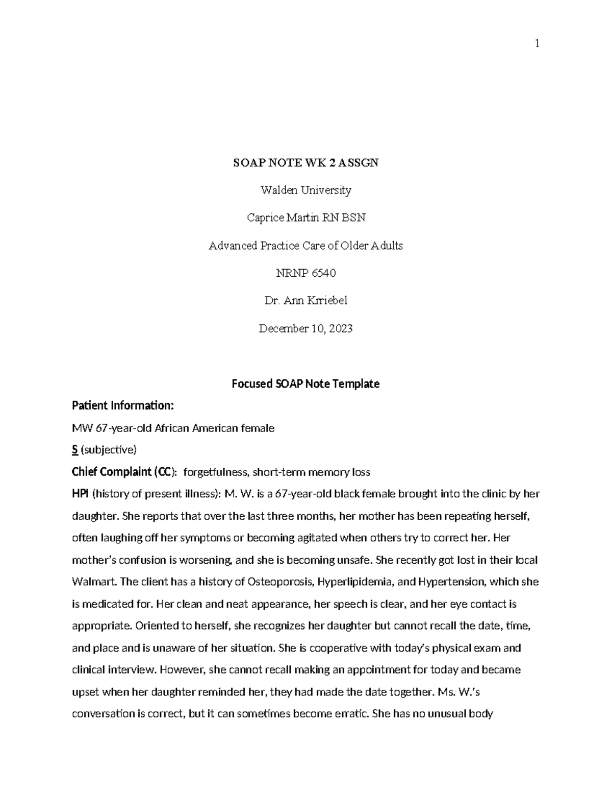 WK2 Assgn 6540 SOAP NOTE - SOAP NOTE WK 2 ASSGN Walden University ...