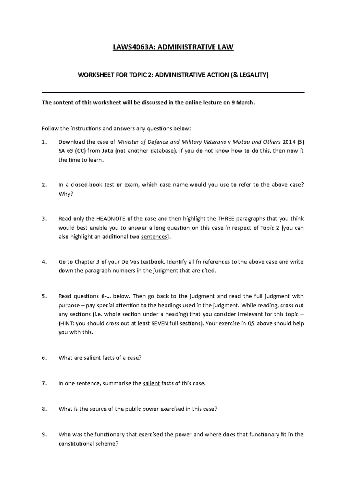 Admin Law - worksheet for topic 2 (case study) - LAWS4063A ...