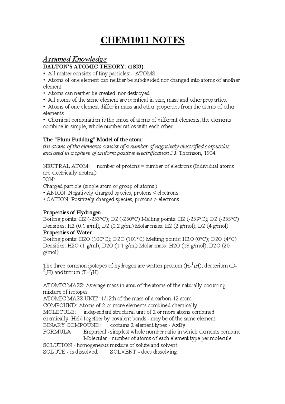 Really good concise notes - CHEM1011 NOTES Assumed Knowledge ATOMIC ...