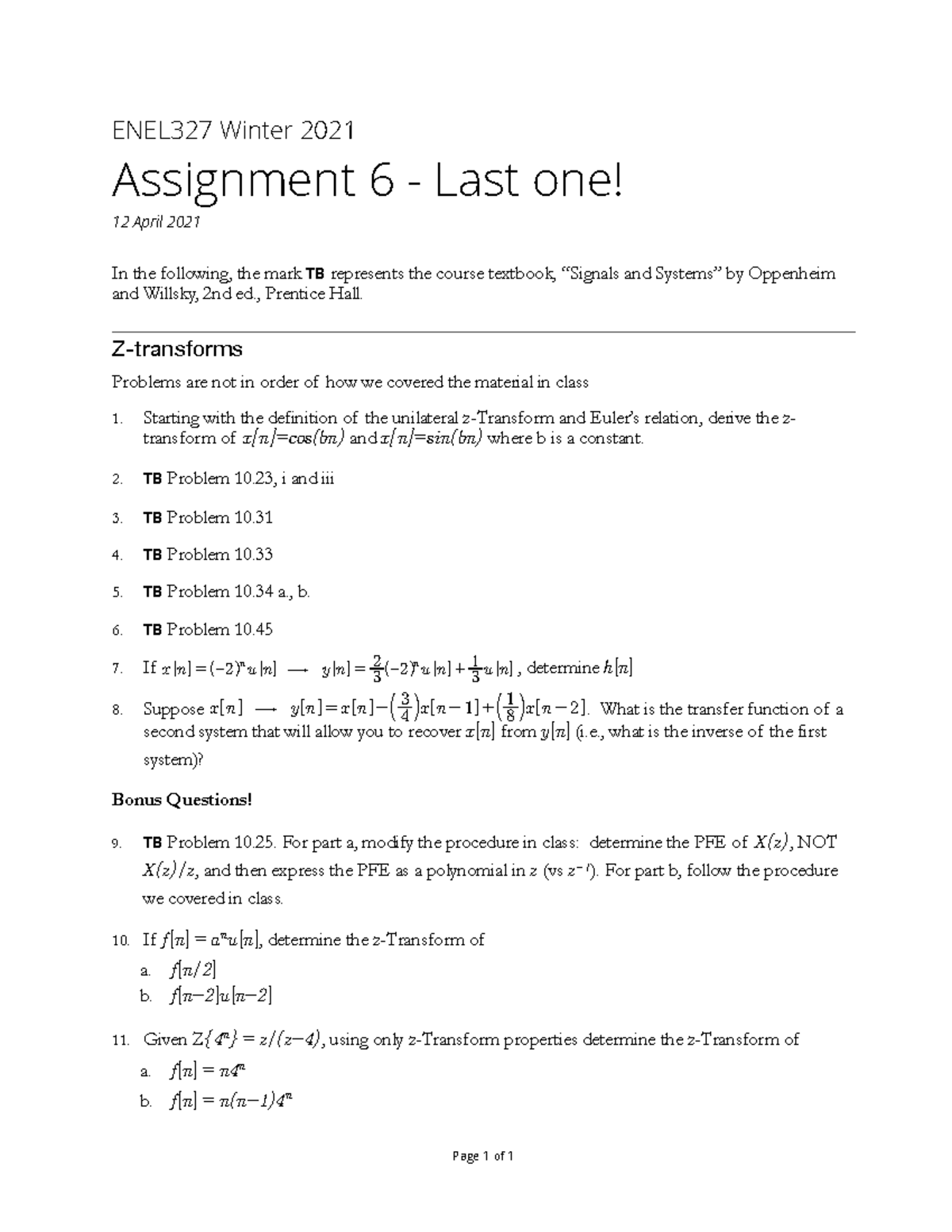 ENEL327 Winter 2021 Assignment 6 - , Prentice Hall. Z-transforms Problems are not in order of ...