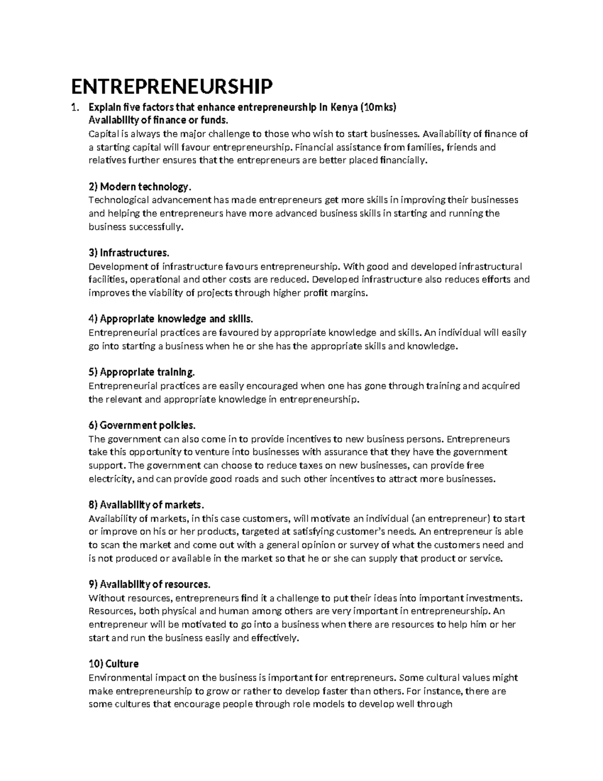 Entrepreneurship - notes - ENTREPRENEURSHIP Explain five factors that ...