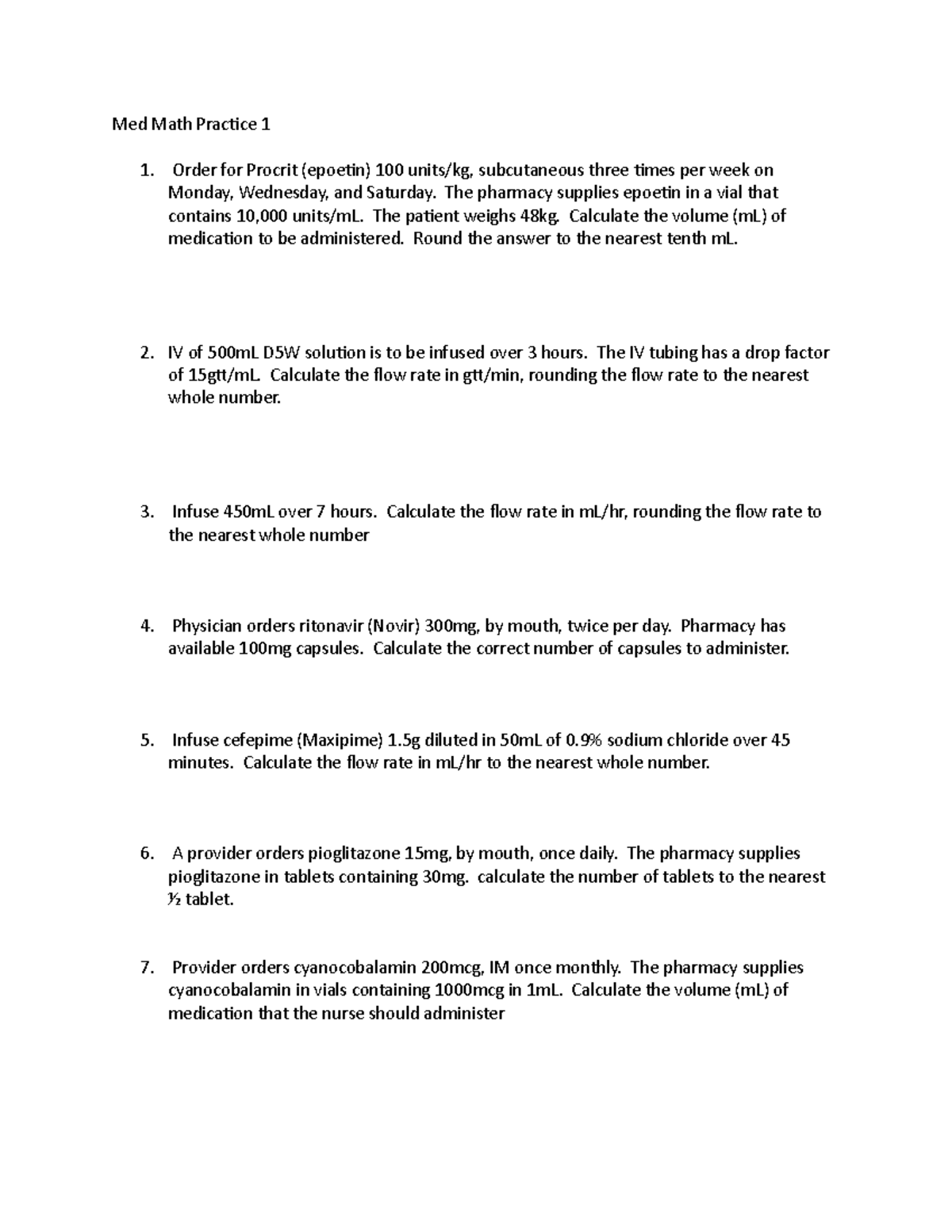Med Math Practice Questions - Studocu