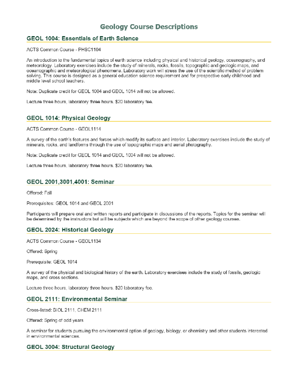 Geology Course Descriptions GEOL 1004 Essentials of Earth Science 1 ...