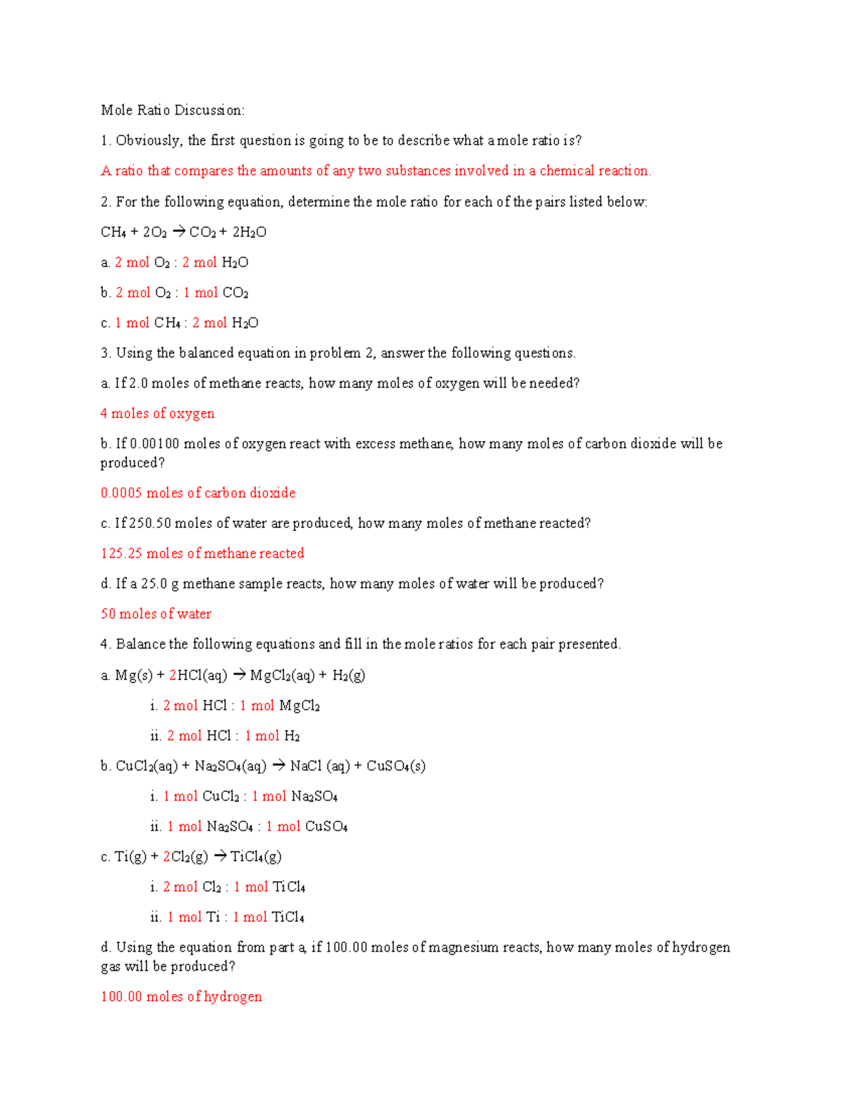 Mole Ratio Discussion - Worksheet - Mole Ratio Discussion: Obviously ...
