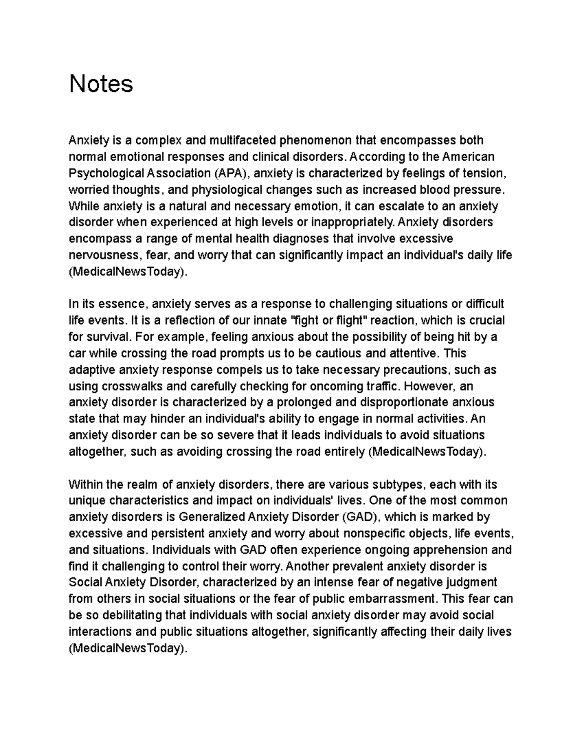 Anxiety Essay Notes - Notes Anxiety is a complex and multifaceted ...