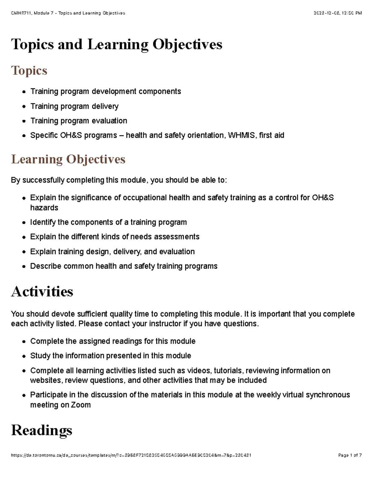 CMHR711, Module 7 - Topics and Learning Objectives - Topics and ...