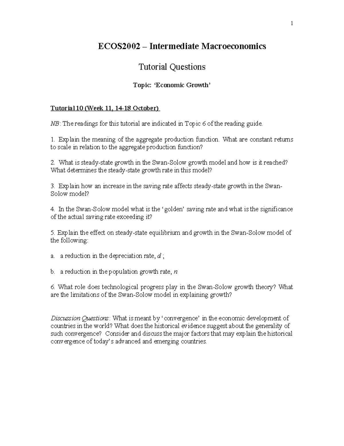 Tutorial 10 Questions ECOS2002 2 2024-1 - ECOS2002 – Intermediate Macroeconomics Tutorial ...
