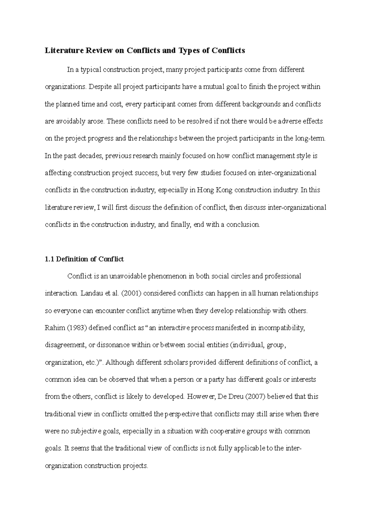 Literature review and thesis critique - Literature Review on Conflicts ...