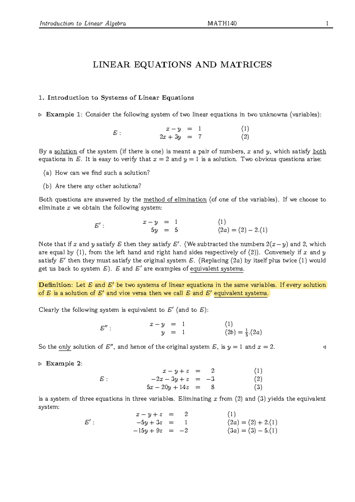 Linear algebra NOTES - LINEAR EQUATIONS AND MATRICES Introduction to ...