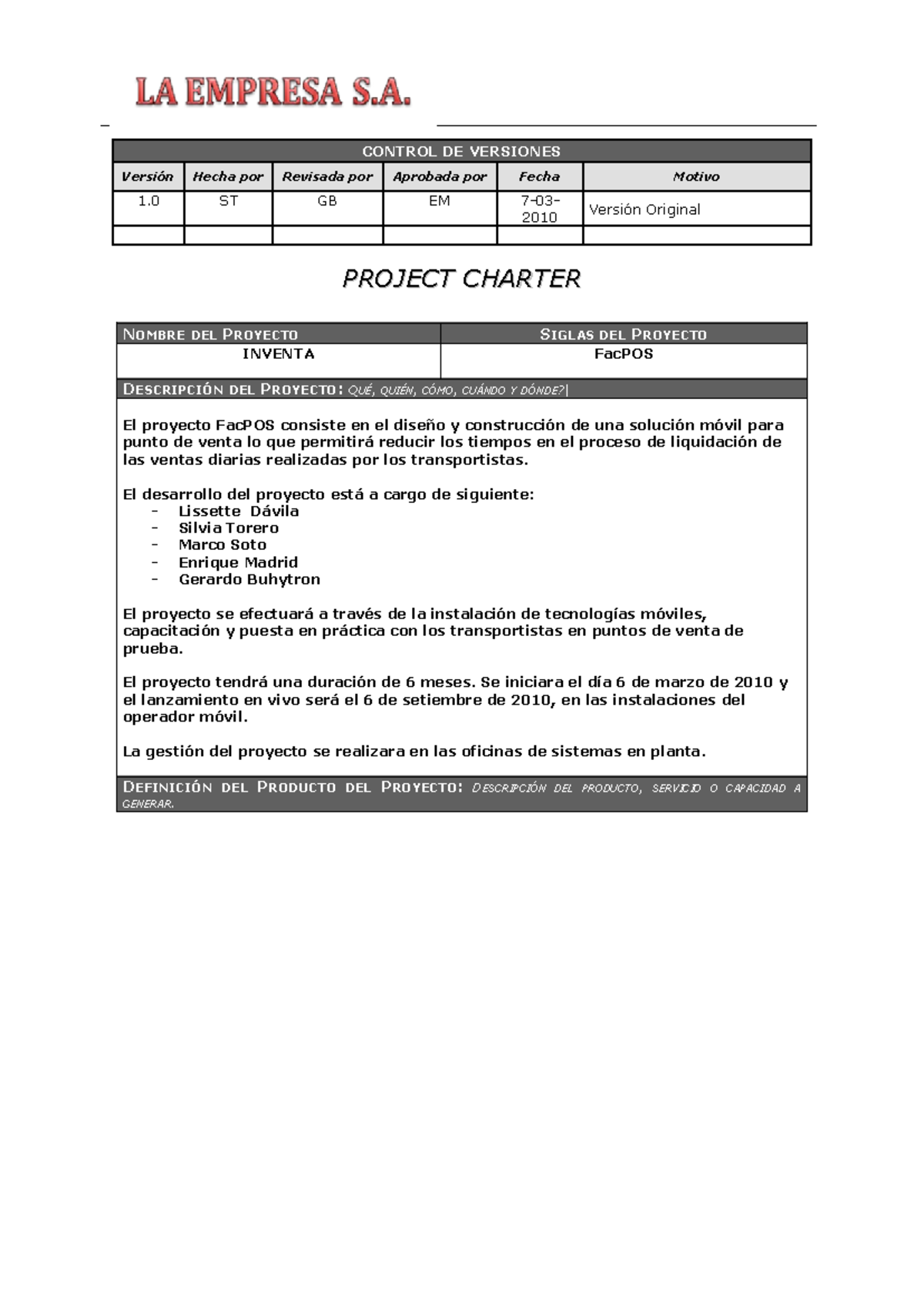 Modelo Project Charter v1 0 UAG - CONTROL DE VERSIONES Versión Hecha ...