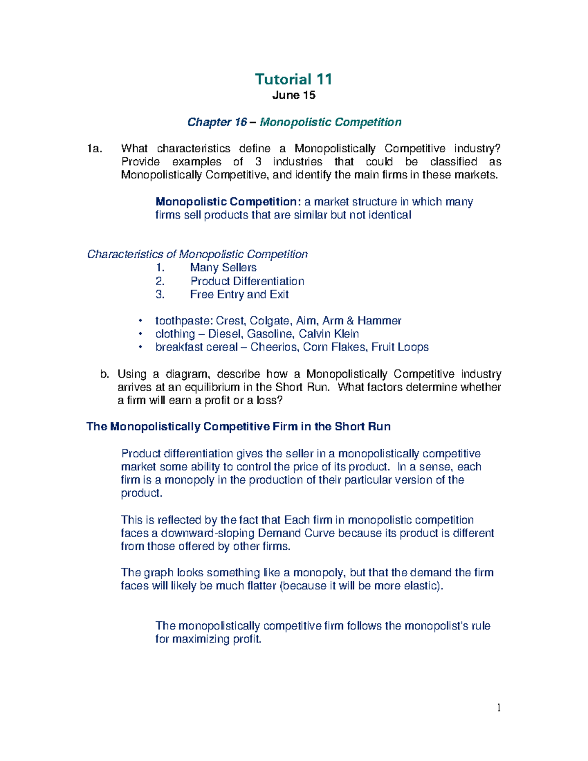 Tutorial 11 - Monopolistic Competiton - Notes - Tutorial 11 June 15 ...