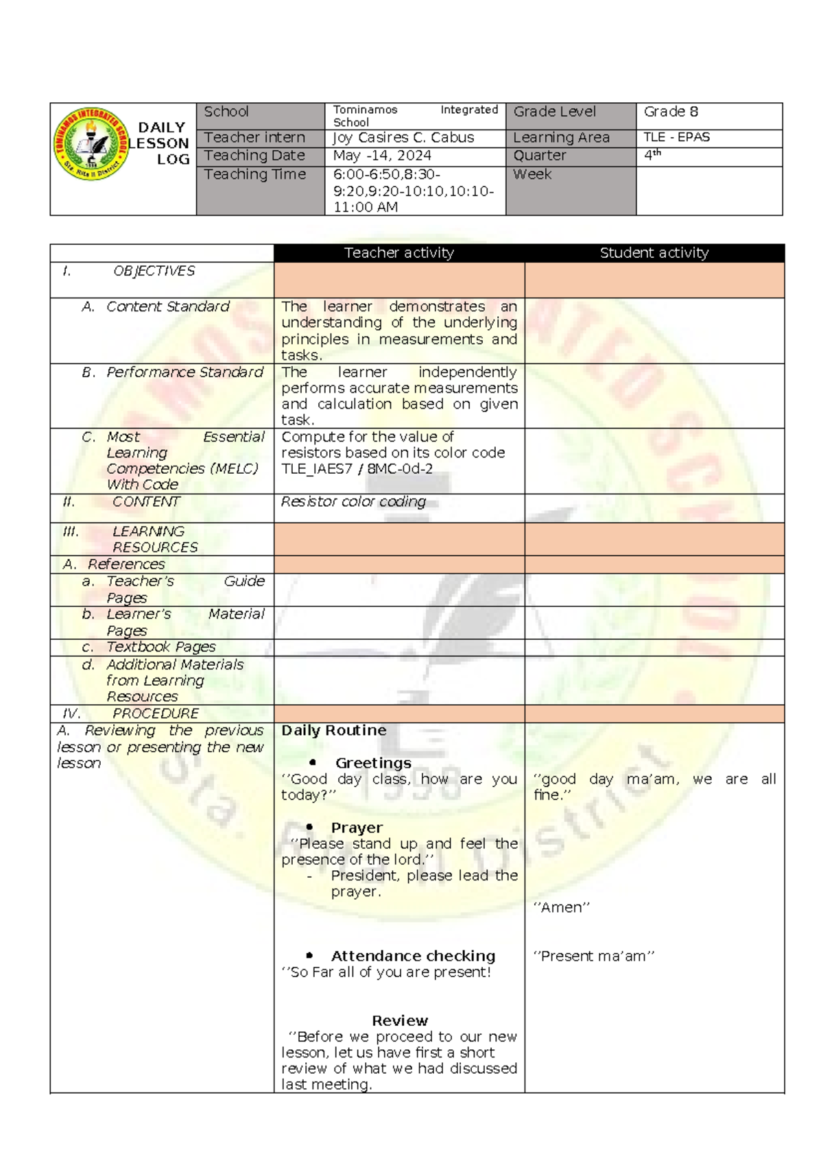 Resistor Color Coding' Calculation LP - DAILY LESSON LOG School Tominamos Integrated School ...