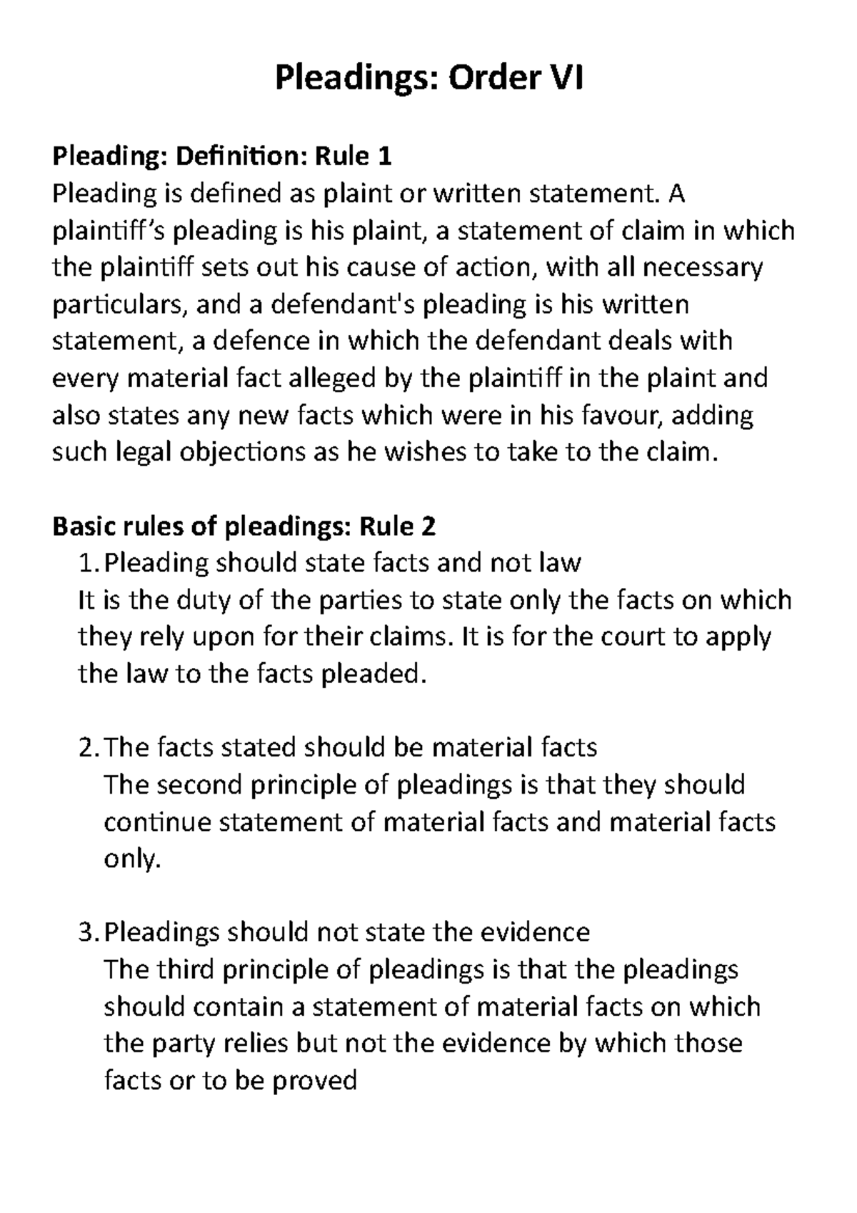 Pleadings Notes Pleadings Order VI Pleading Definition Rule 1