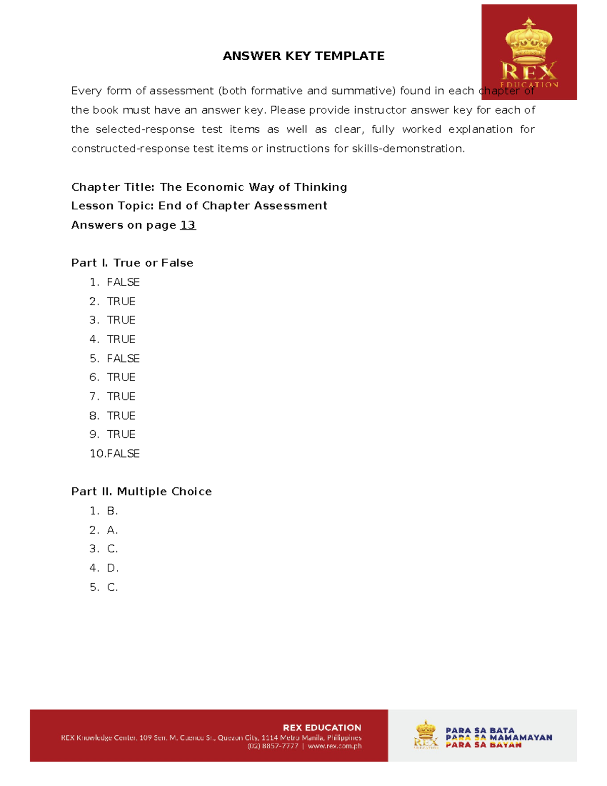 Chapter 1 Answer KEY - ANSWER KEY TEMPLATE Every form of assessment ...