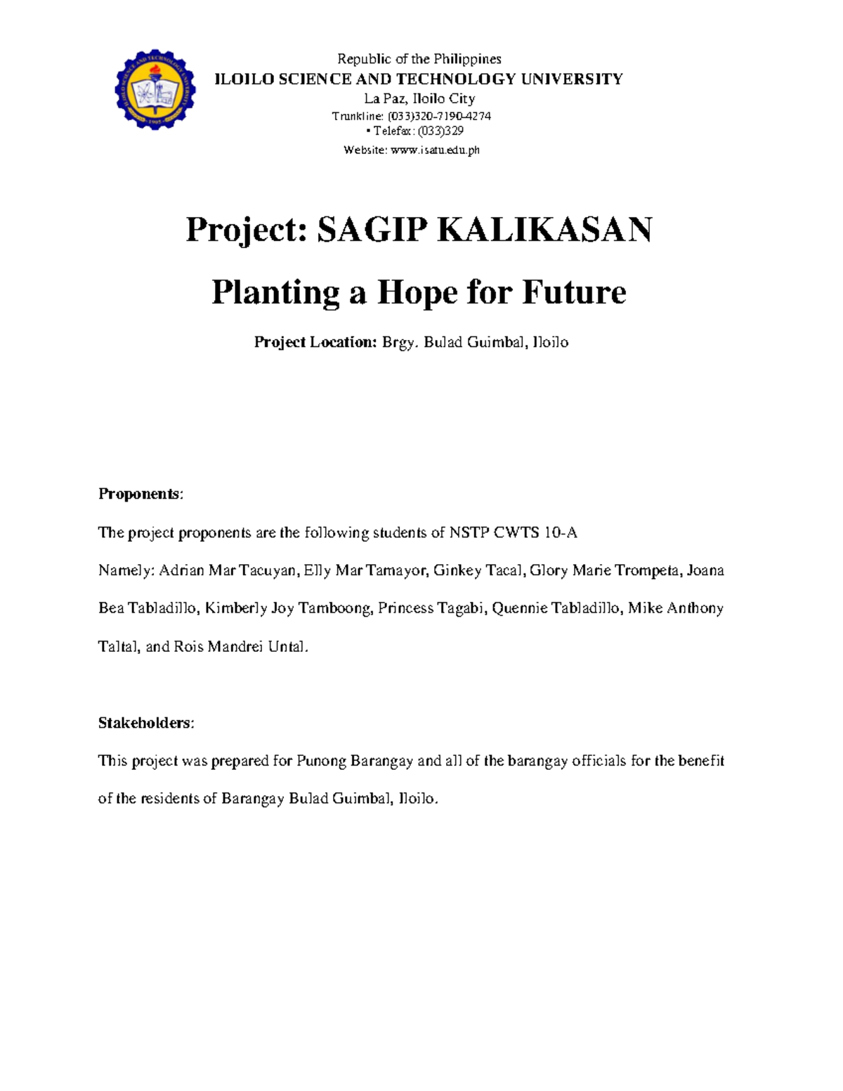 NSTP- Project- Proposal - ILOILO SCIENCE AND TECHNOLOGY UNIVERSITY La ...