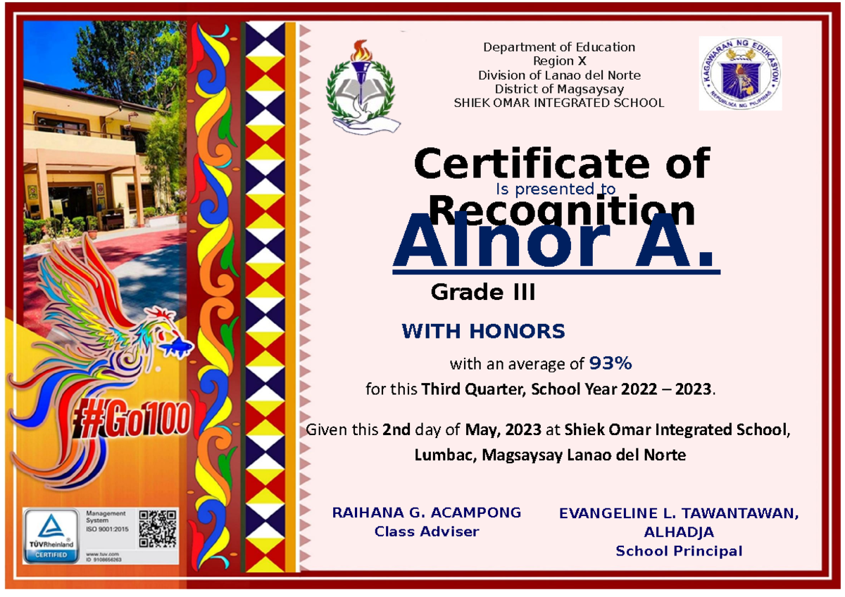 Deped LDN Certificates grade 3 - Certificate of Recognition Region X ...