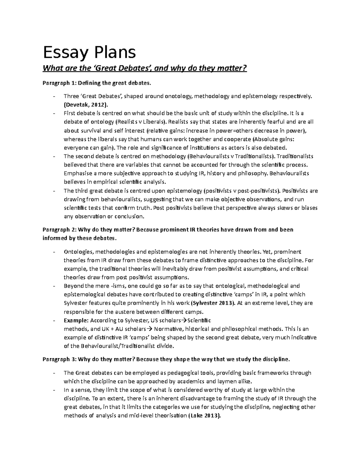 IR final exam essay plans - Essay Plans What are the ‘Great Debates ...