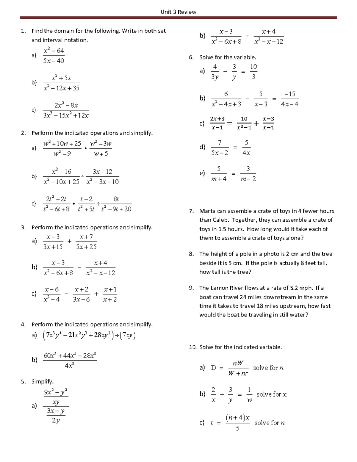 Exam 3 Review Math - Unit 3 Review Find the domain for the following ...