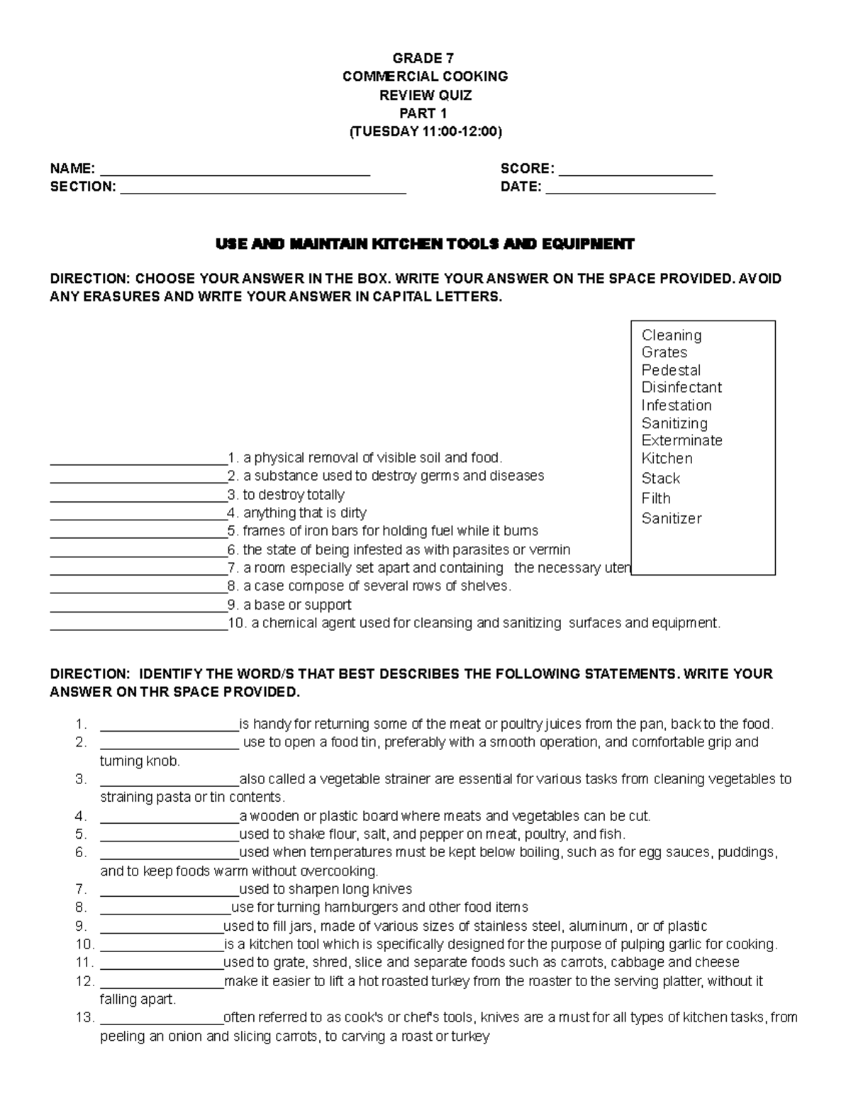 Reviewer TLE - GRADE 7 COMMERCIAL COOKING REVIEW QUIZ PART 1 (TUESDAY ...