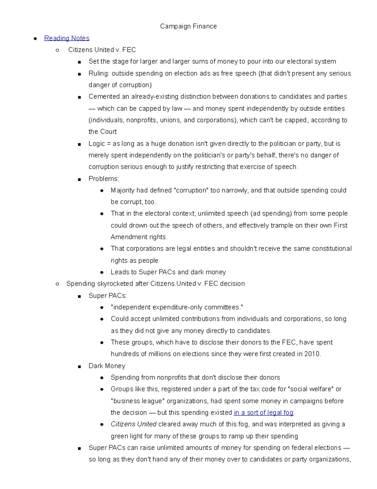 Campaign Finance - Campaign Finance Reading Notes Citizens United v ...