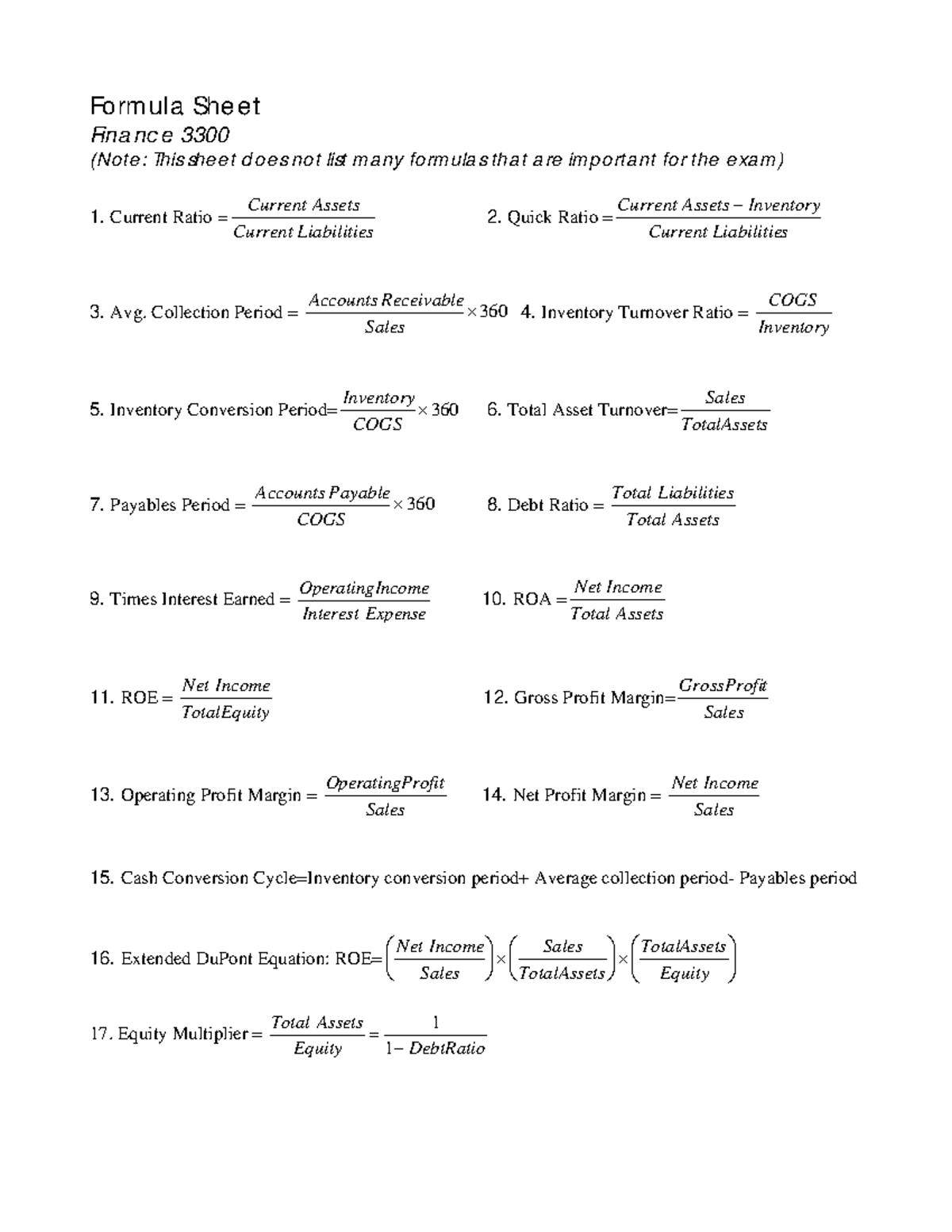 FI 3300 Formulas - Formula Sheet Finance 3300 (Note: This sheet does ...