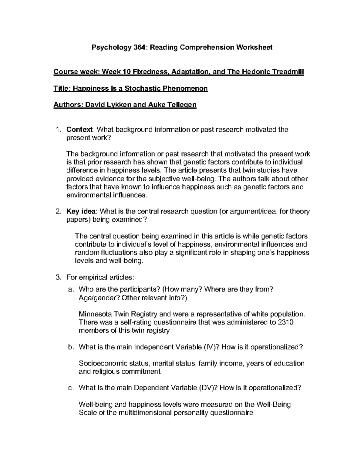 Reading Comprehension Worksheet - Psychology 3 64 : Reading ...