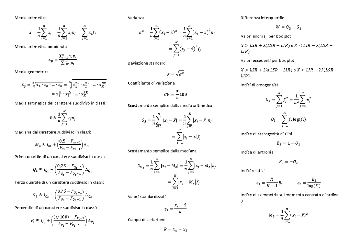 Formulario aggiornato - Media aritmetica 𝑥̅ = 1 𝑛 ∑ 𝑥𝑖 𝑛 𝑖= = 1 𝑛 ∑ ...