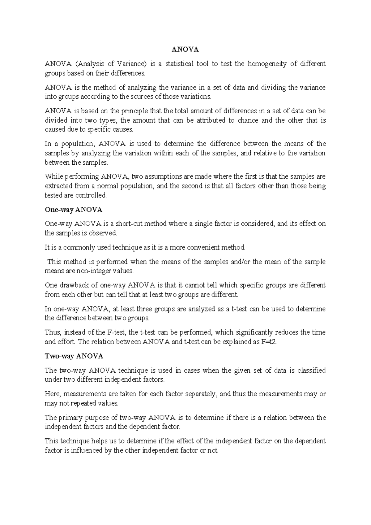Anova - ANOVA ANOVA (Analysis of Variance) is a statistical tool to ...