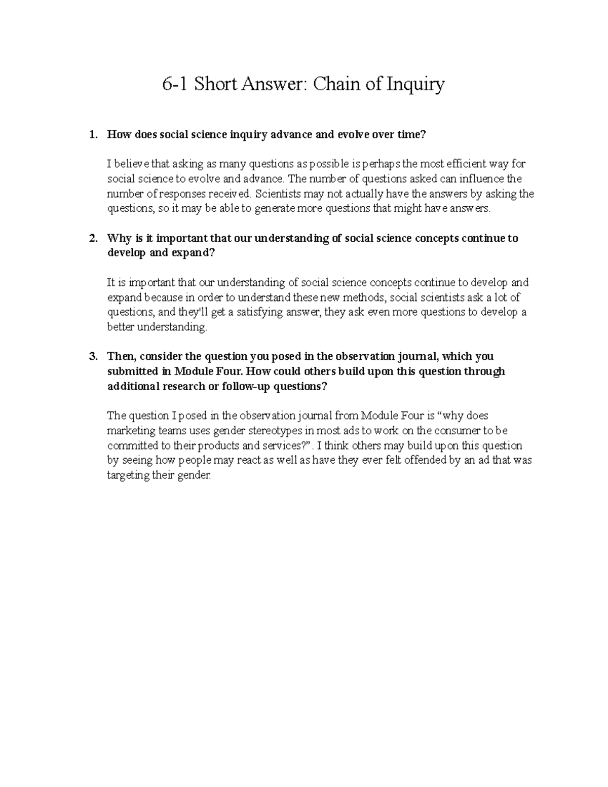 6-1 Short Answer Chain of Inquiry - The number of questions asked can ...