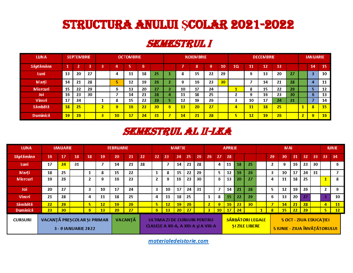 Calendar An Scolar 2021 2022 - STRUCTURA ANULUI Ş COLAR 2 021 - 2022 Semestrul I LUNA SEPTEMBRIE ...